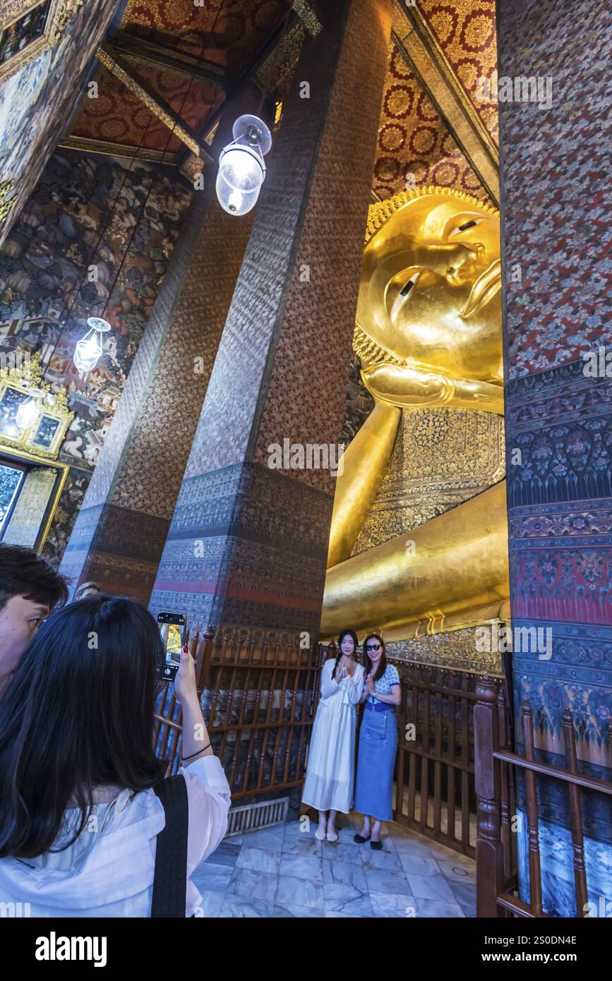 Wat Pho, temple of the reclining Buddha. Sightseeing attraction, architecturally significant ...
