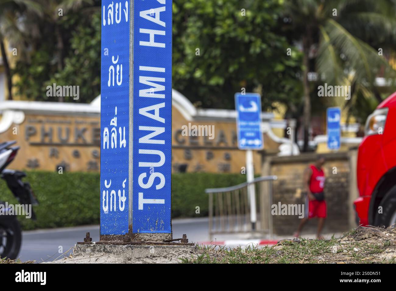 Tsunami Hazard Zone. Warning sign, signposting of escape routes in the ...