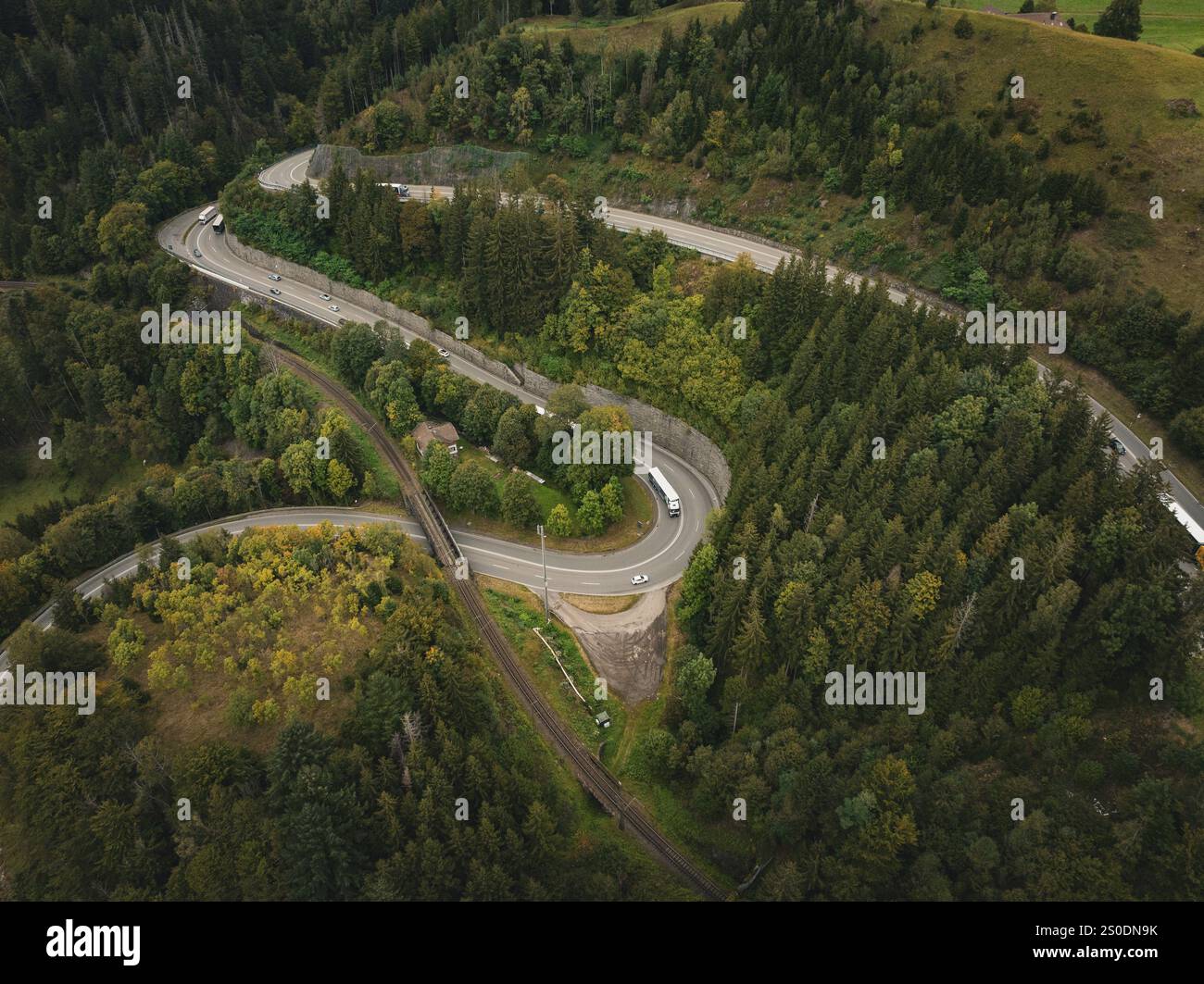 Winding road through green forest from a bird's eye view, Ravenna Gorge ...