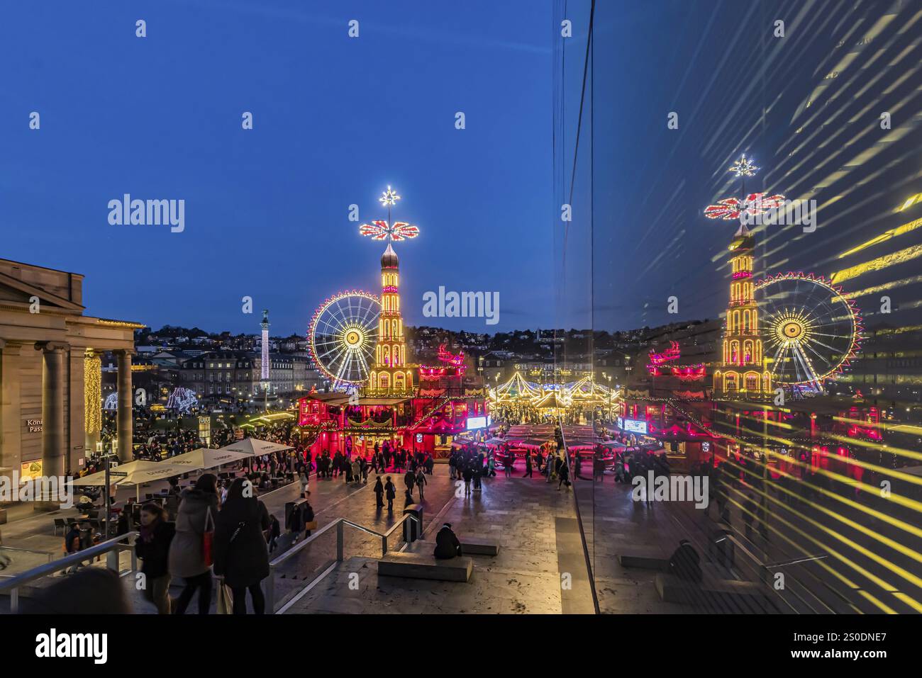 Stuttgart Christmas market at the blue hour. Christmas pyramid on ...
