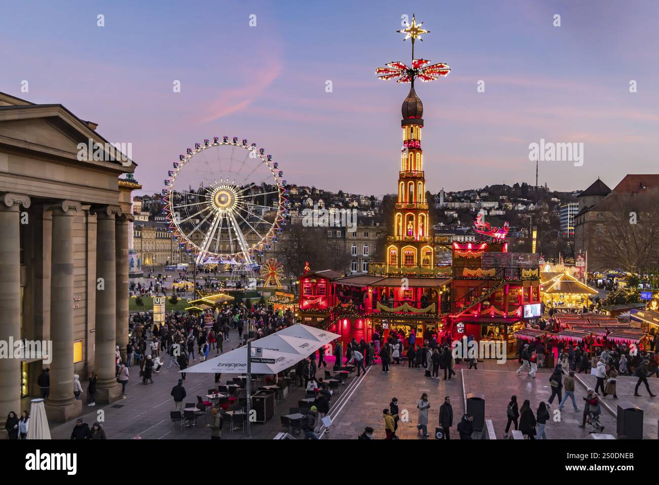 Stuttgart Christmas market at the blue hour. Christmas pyramid on ...