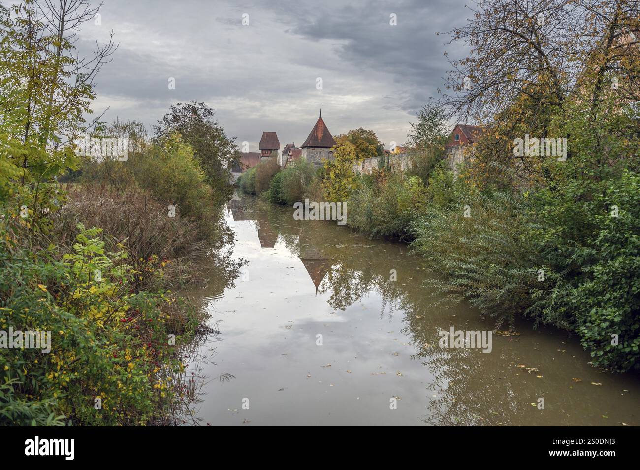 Towers of the medieval defence wall around 1200, in front the Woernitz ...