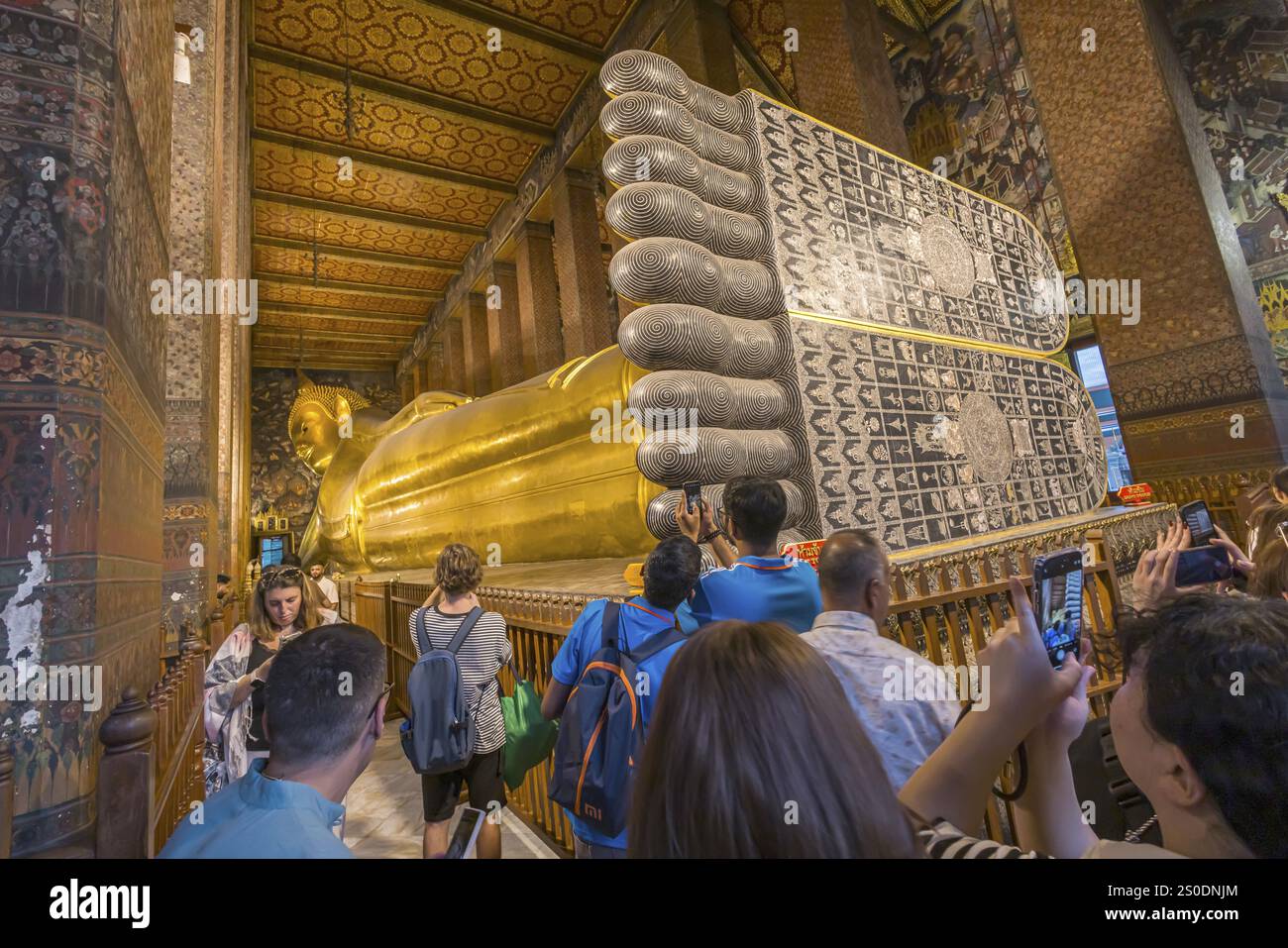 Wat Pho, temple of the reclining Buddha. Sightseeing attraction, architecturally significant ...