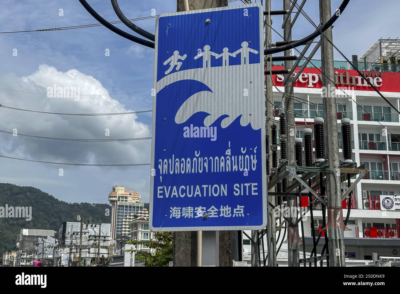 Tsunami Hazard Zone. Warning sign, signposting of escape routes in the ...