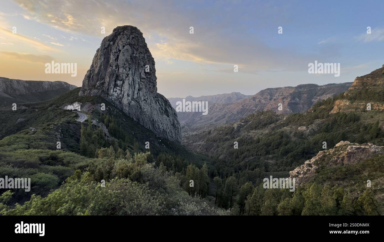 Roque de Agando rock tower at sunrise, Monumento Natural de los Roques ...