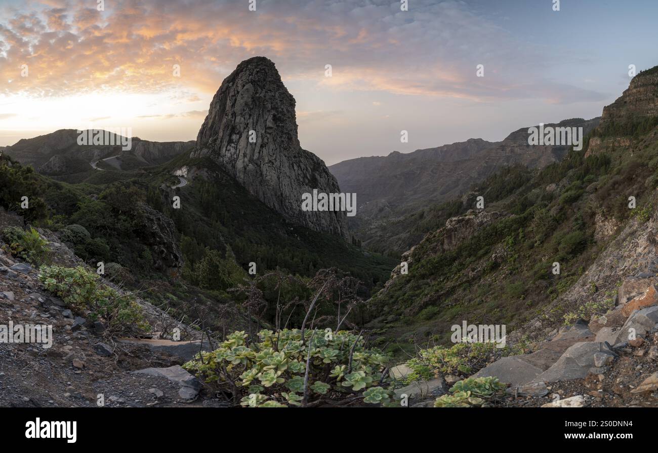 Roque de Agando rock tower at sunrise, Monumento Natural de los Roques ...
