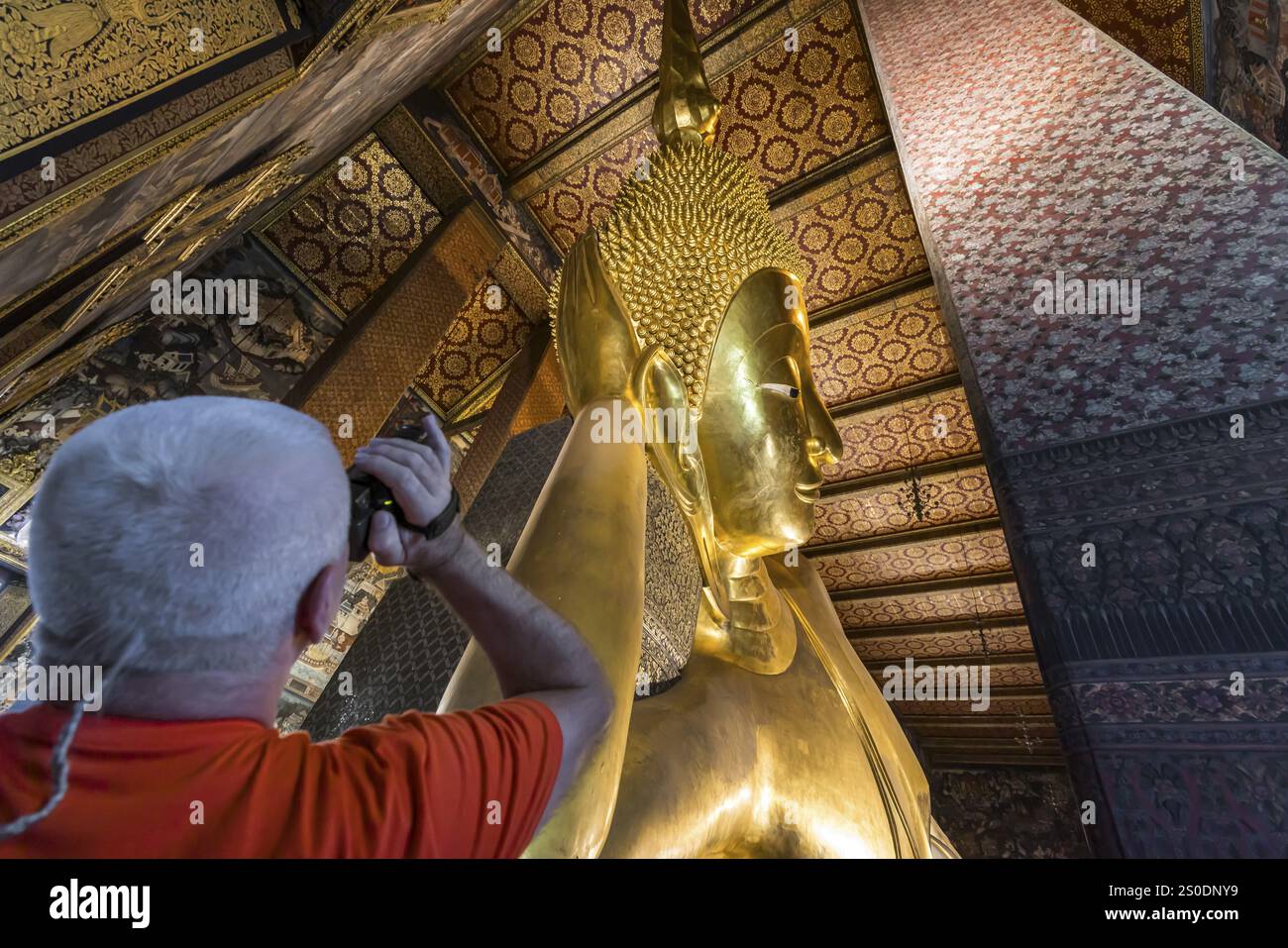 Wat Pho, temple of the reclining Buddha. Sightseeing attraction, architecturally significant ...