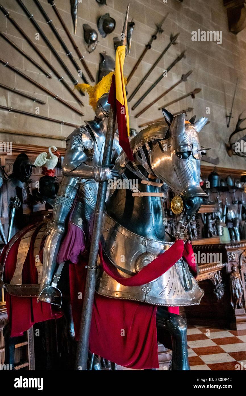 Armour and knights in armour in The Great Hall, the interior of Warwick ...