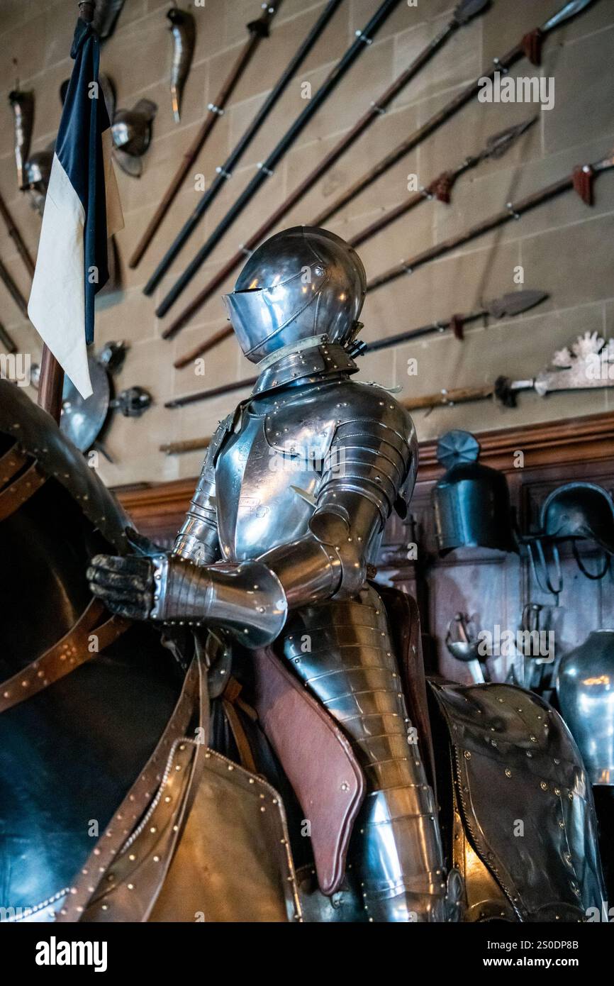 Armour and knights in armour in The Great Hall, the interior of Warwick ...