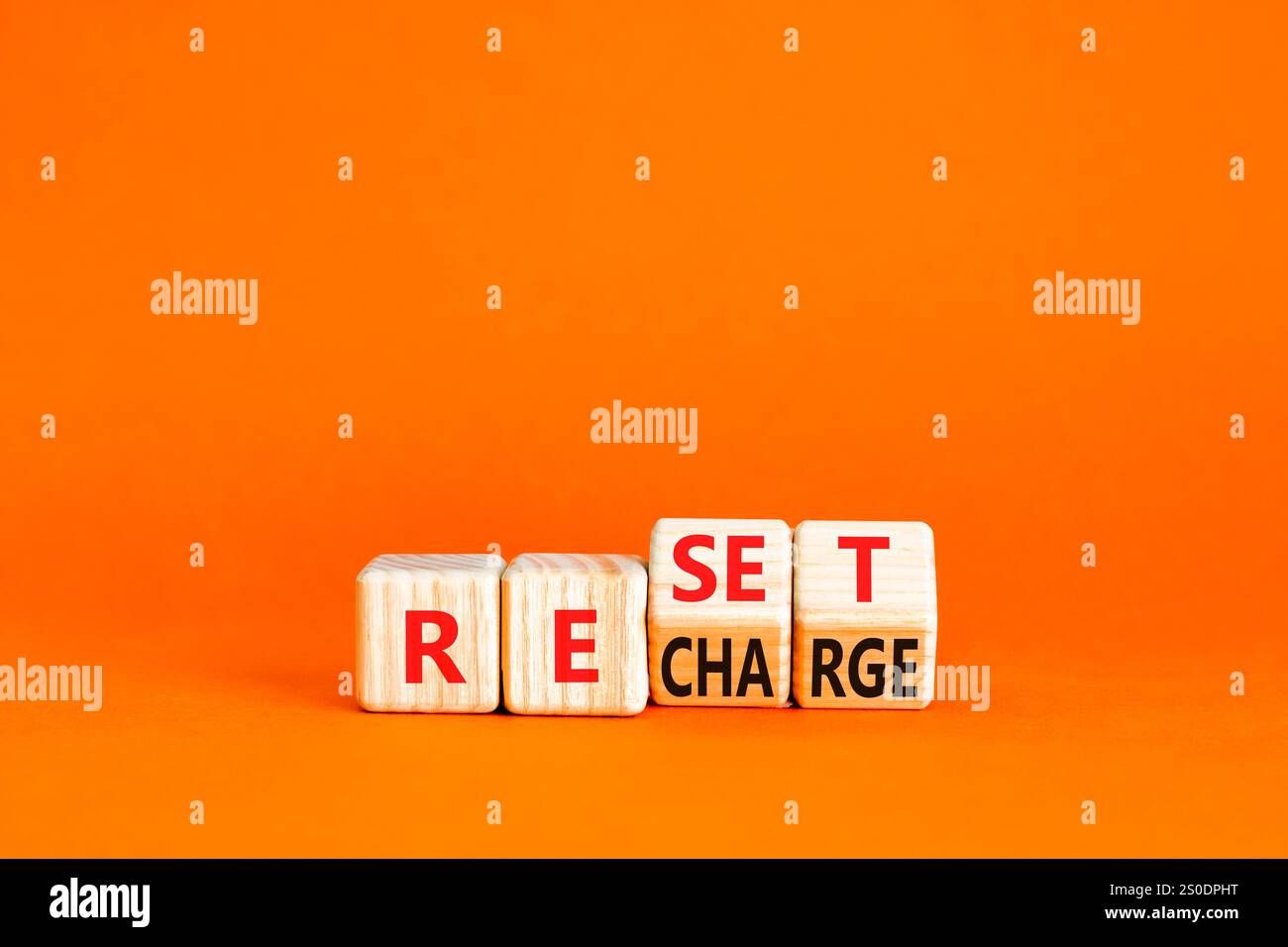 Reset and recharge symbol. Concept words Reset Recharge on beautiful wooden block. Beautiful ...