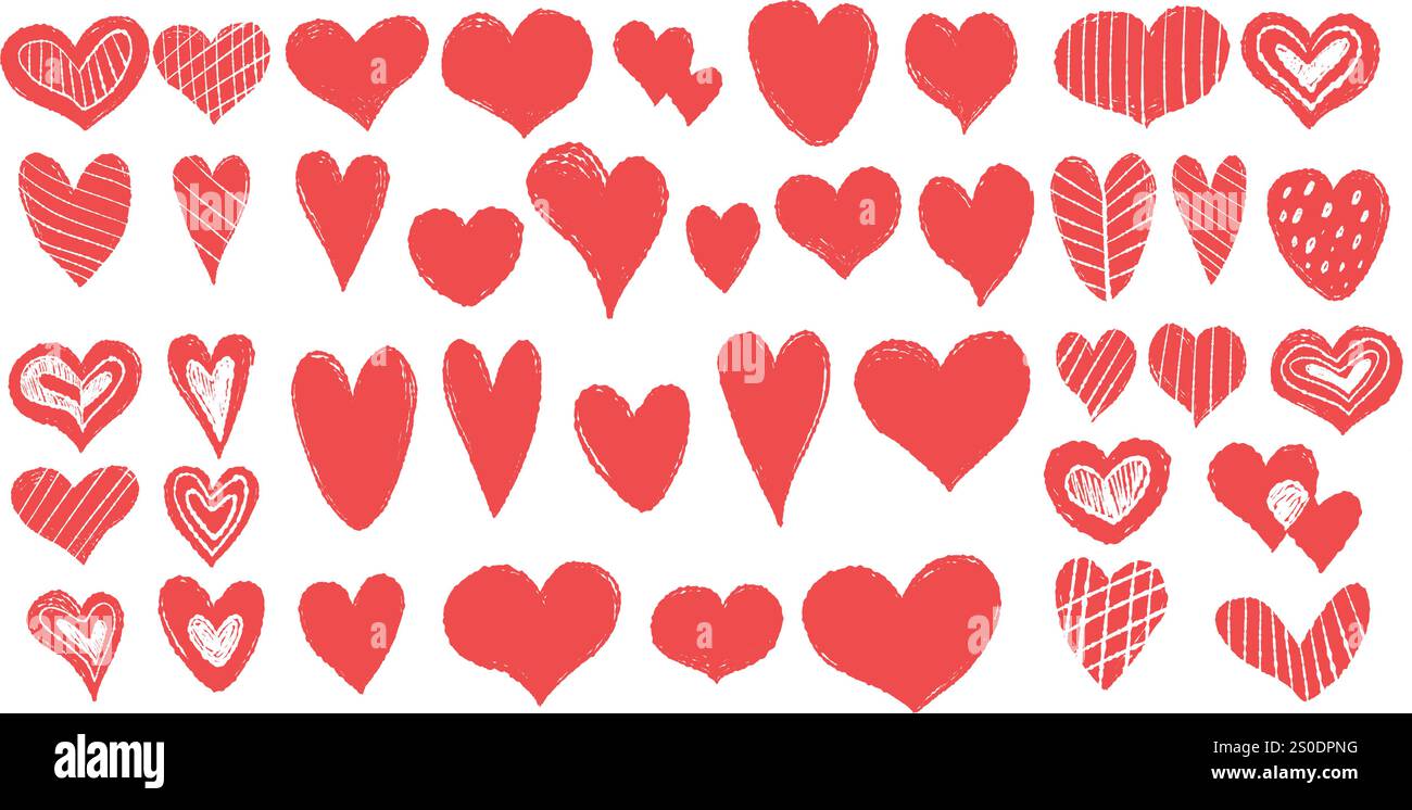 Red texture hearts collection. Curvature chalk hand drawings scribbles ...