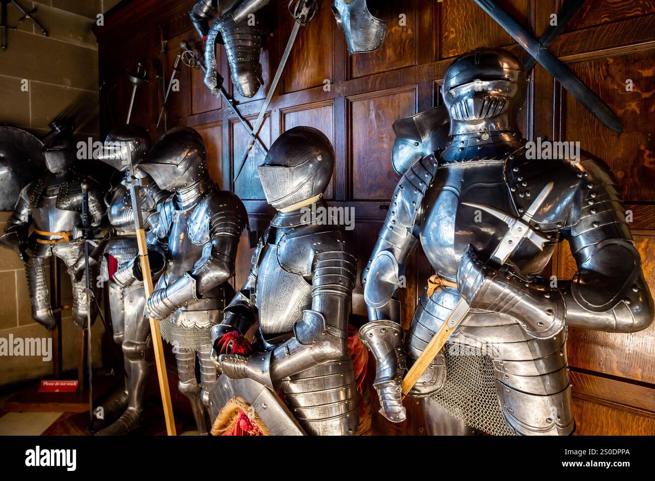Armour and knights in armour in The Great Hall, the interior of Warwick ...
