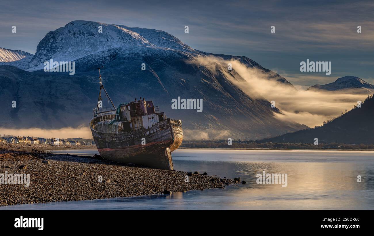 Corpach Shipwreck and Ben Nevis in the Highlands of Scotland Stock ...