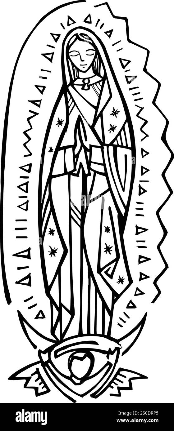 Hand drawn vector illustration or drawing of our lady of Guadalupe ...