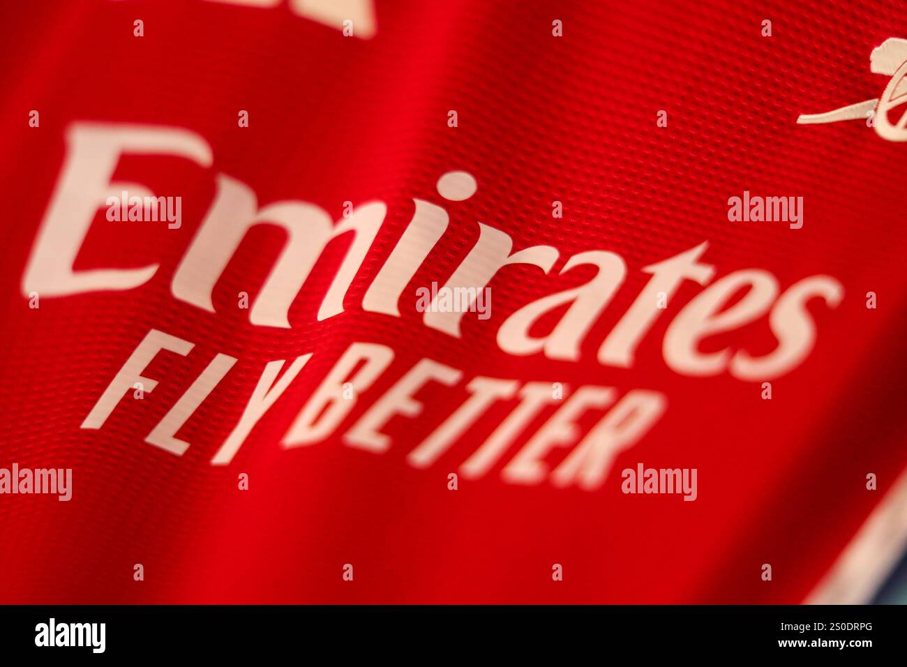A close up of the Emirates Fly Better sponsor on the home shirt ahead ...