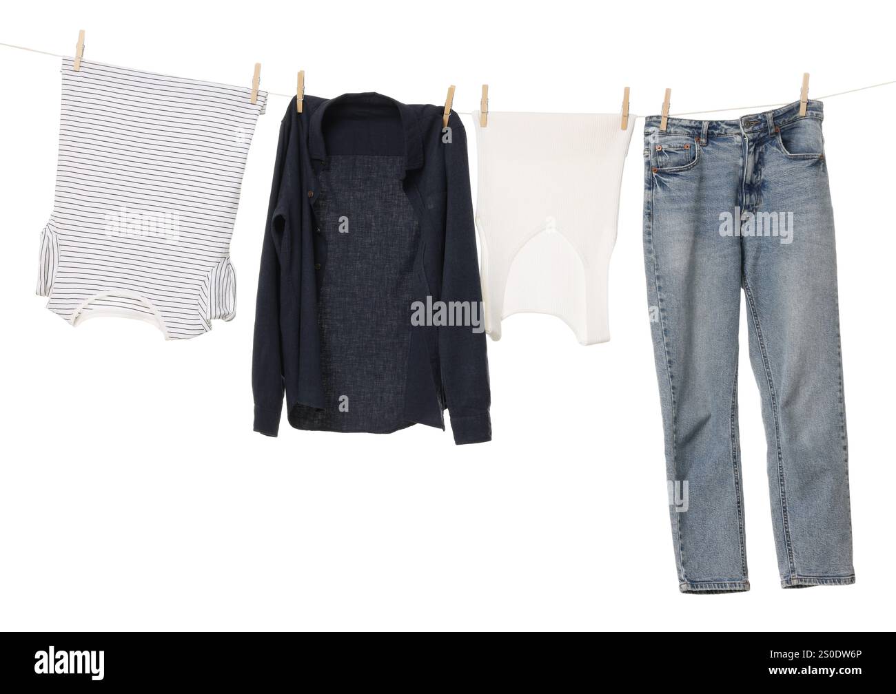 Different clothes drying on laundry line against white background Stock ...