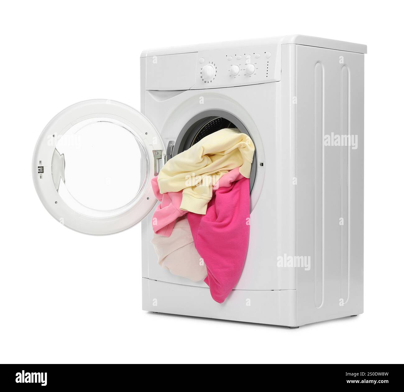 Washing machine full of colorful clothes isolated on white Stock Photo ...