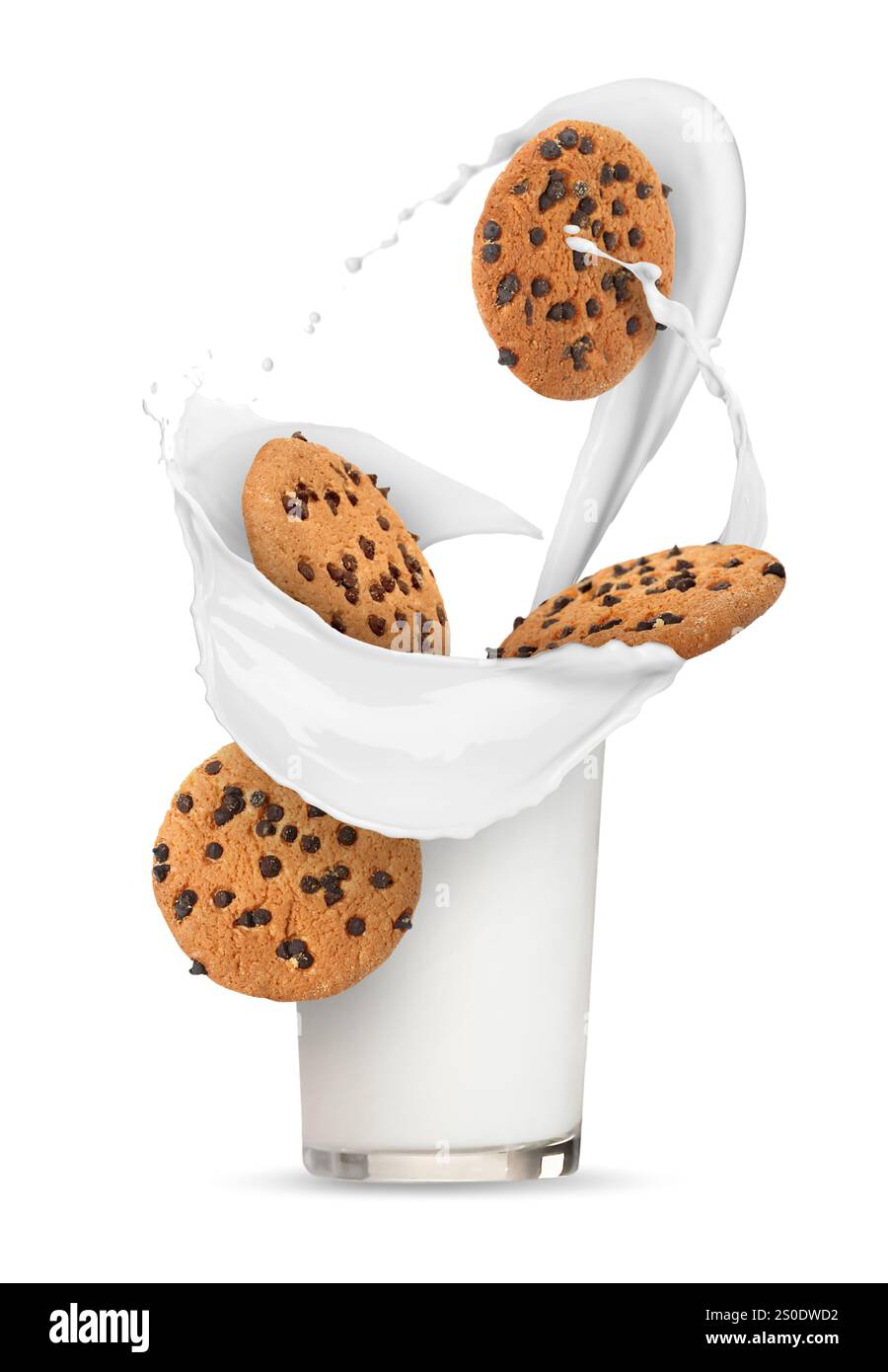Chocolate chip cookies falling and glass with splashing milk on white ...