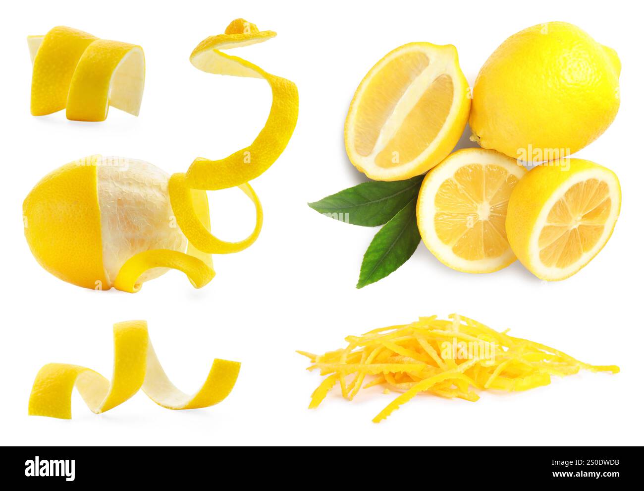 Fresh lemons, peels and zest on white background Stock Photo - Alamy