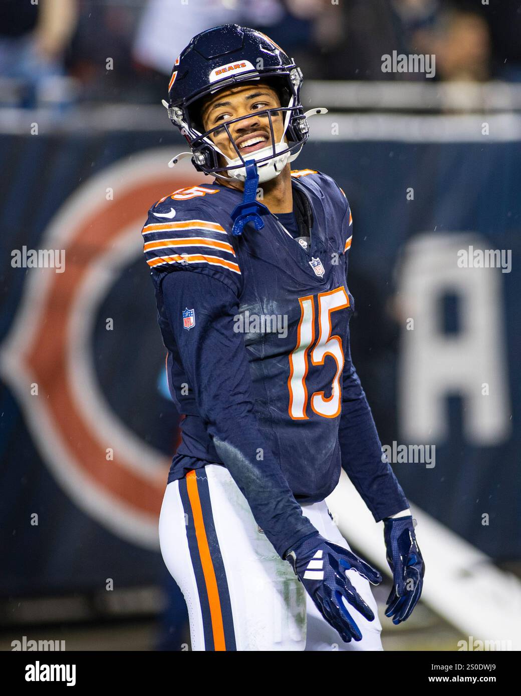 Chicago Bears Rome Odunze (15) takes a break during an NFL football ...