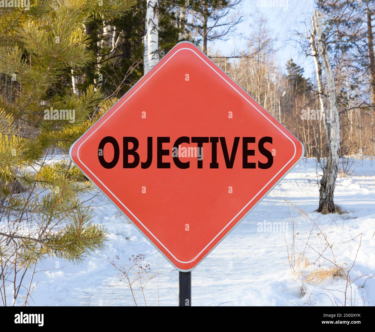 Objectives symbol. Concept word Objectives on beautiful red road sign ...
