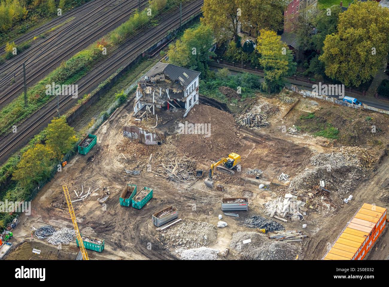 Aerial view, construction site and demolition work for ...