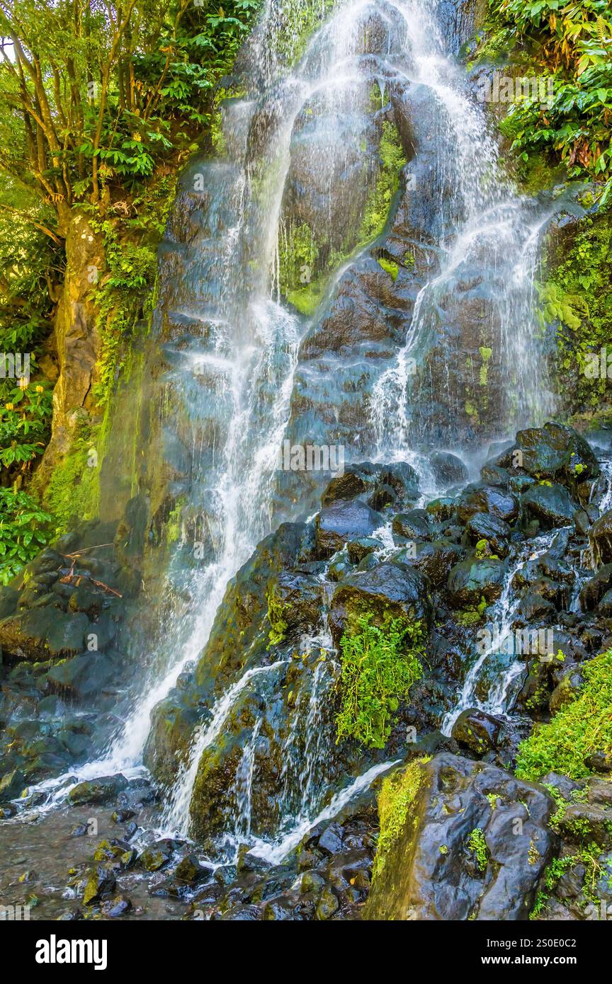 A long exposure view of waterfalls at the Ribeiria waterfalls on the ...
