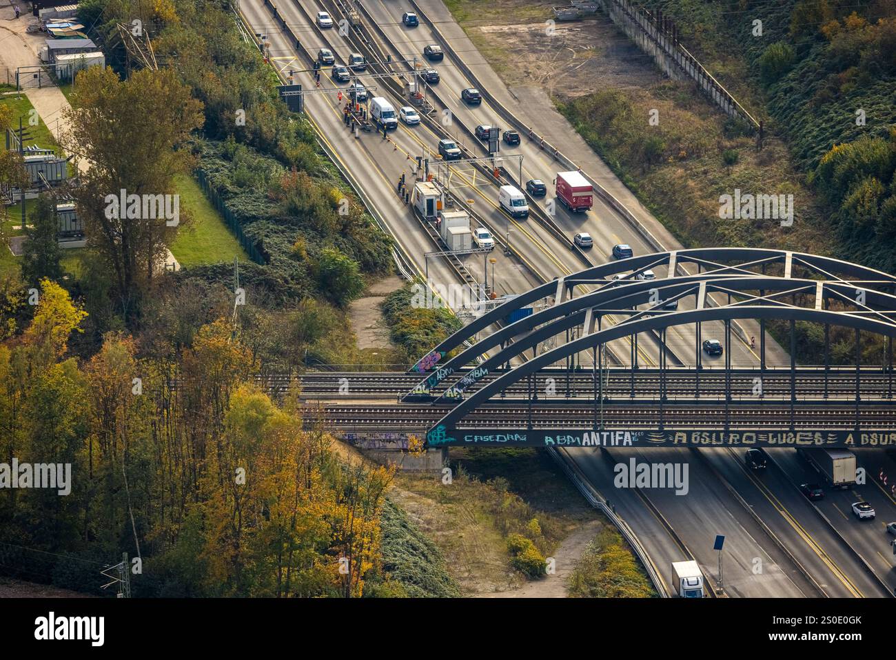 Aerial view, major construction site at Herne interchange, traffic jam ...