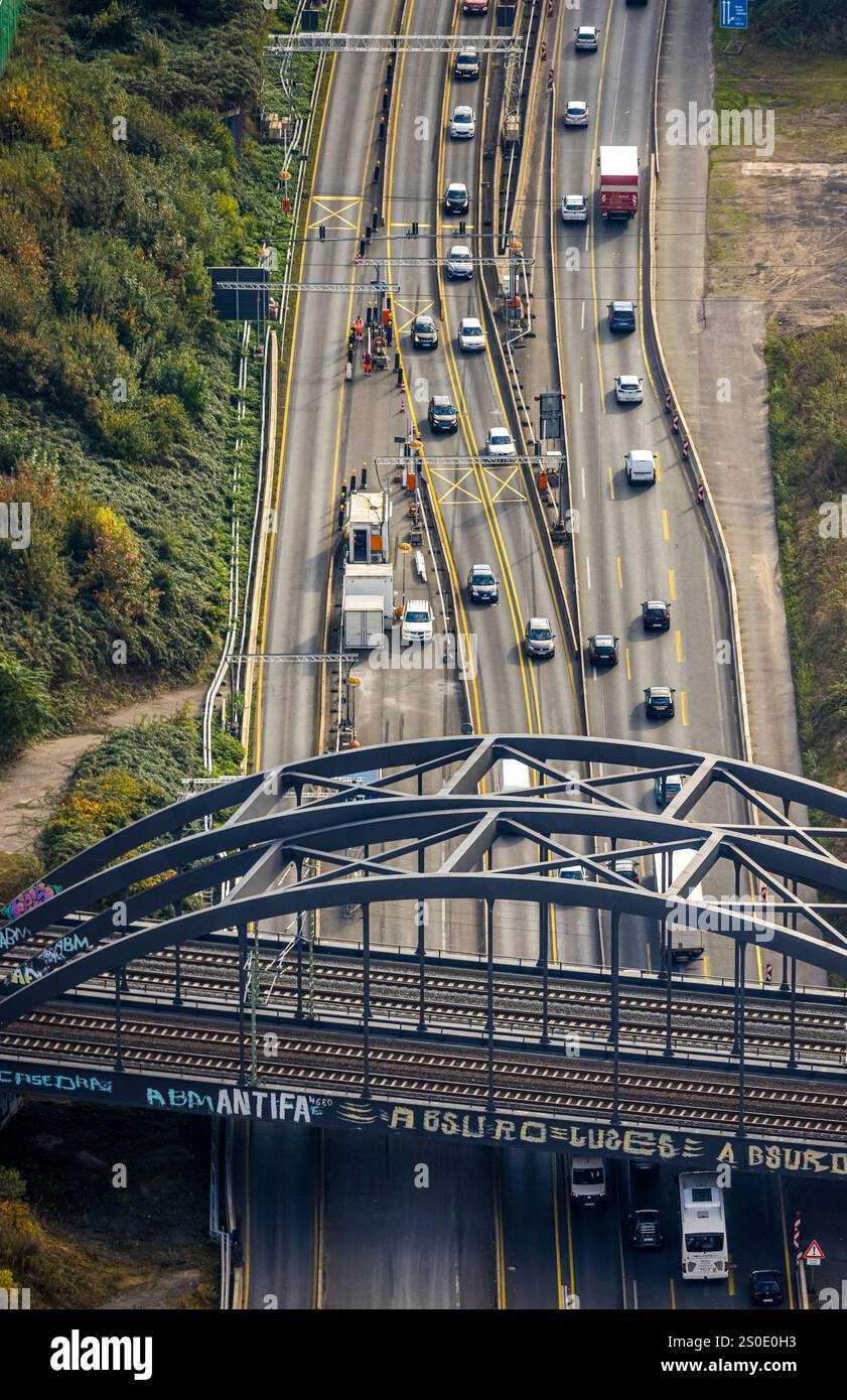 Aerial view, major construction site at Herne interchange, traffic jam ...