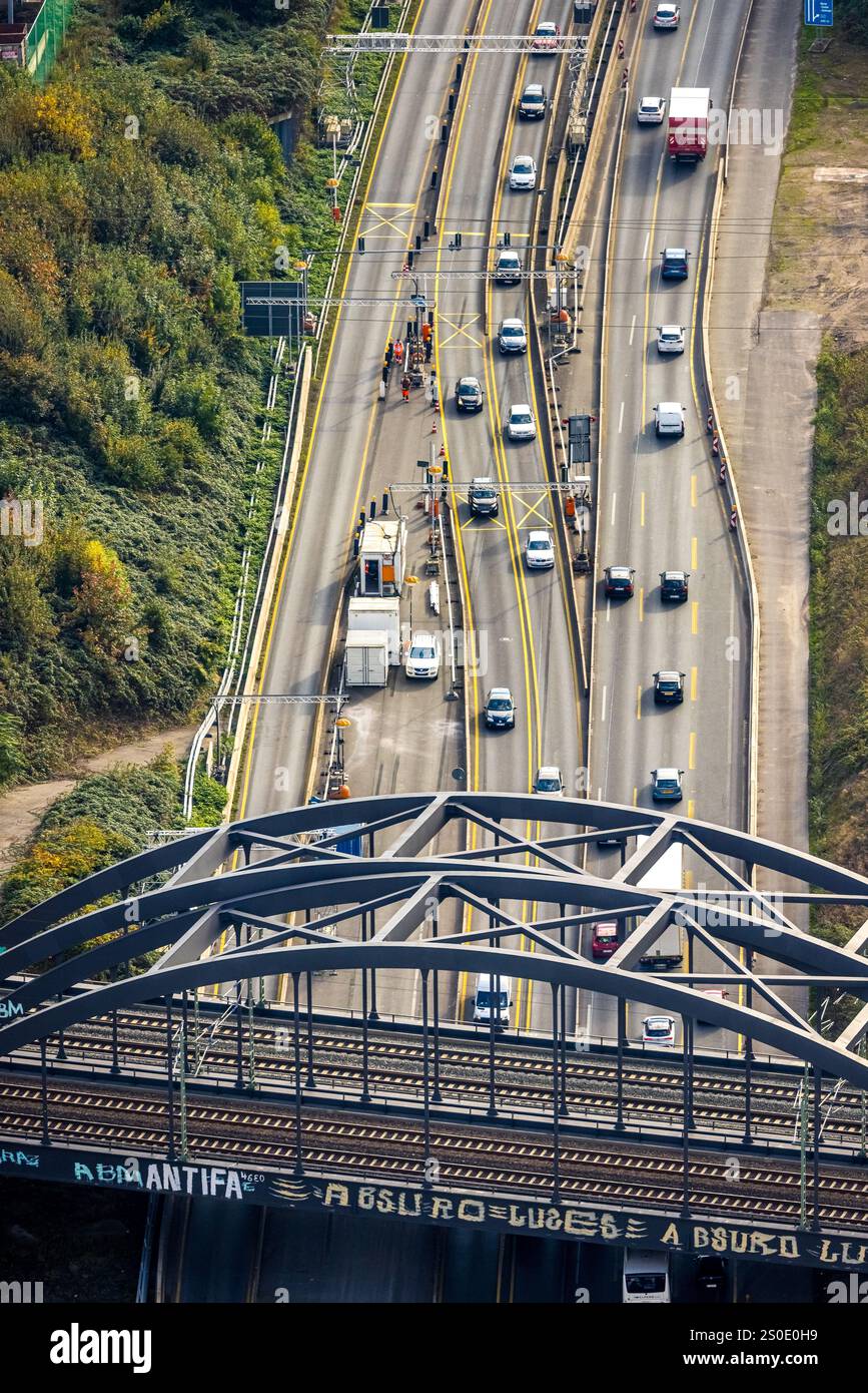 Aerial view, major construction site at Herne interchange, traffic jam ...