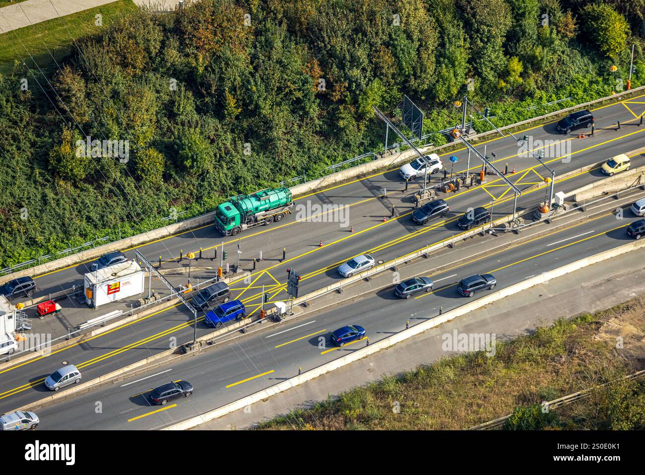 Aerial view, major construction site at Herne interchange, traffic jam ...