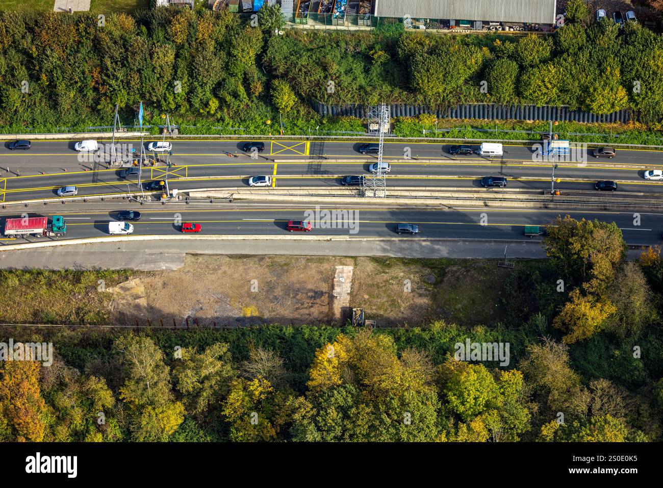 Aerial view, major construction site at Herne interchange, traffic jam ...
