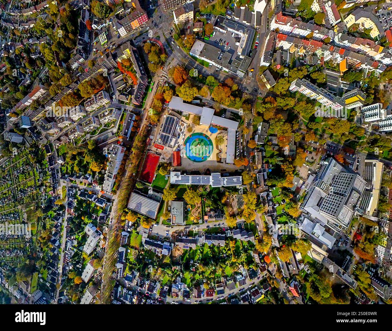 Aerial view, city and hummingbird school elementary school with ...