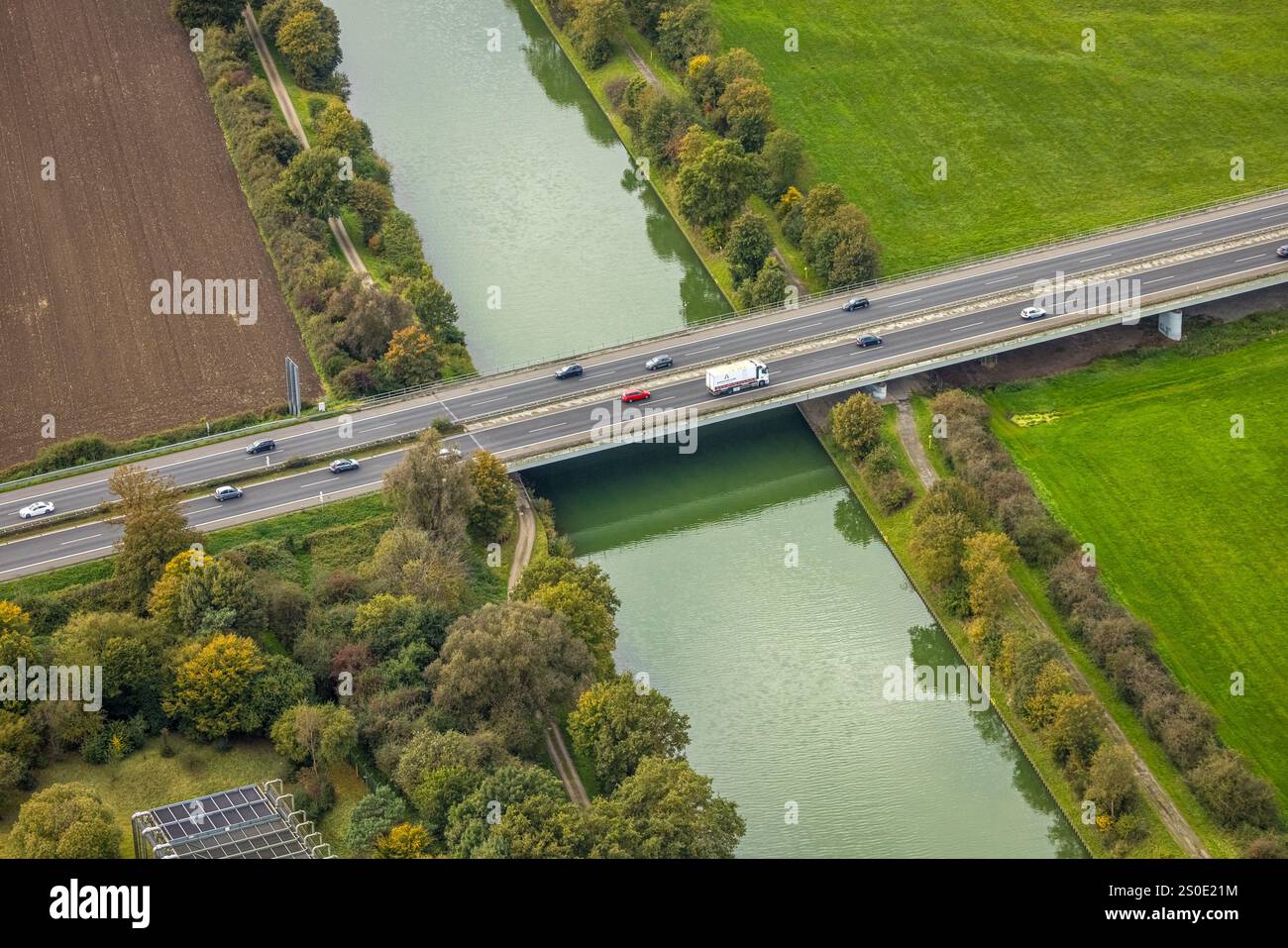 Aerial view, highway bridge of the highway A3 over the Wesel-Datteln ...