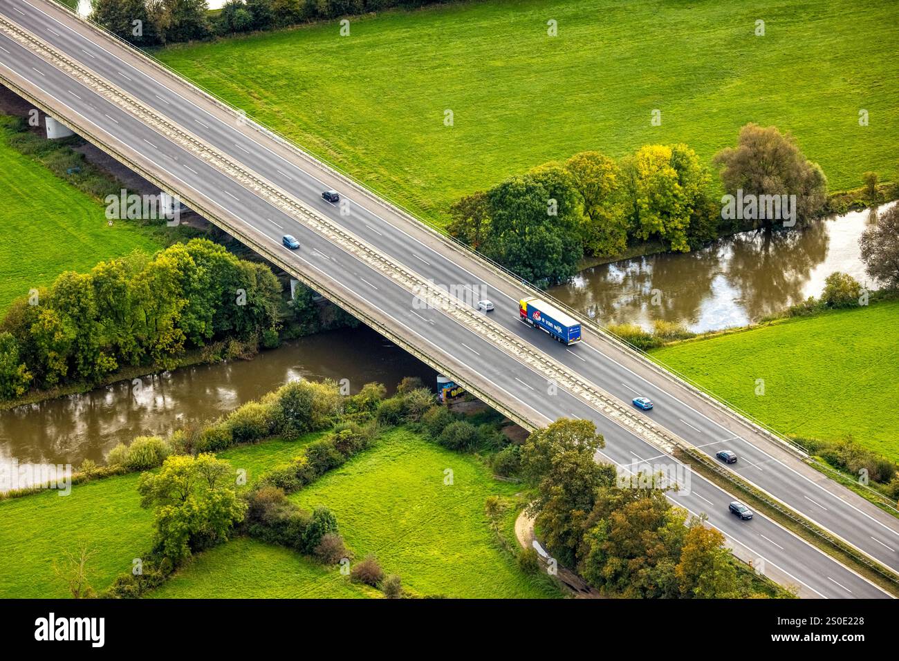 Aerial view, Lippe bridge of the highway A3 over the river Lippe ...