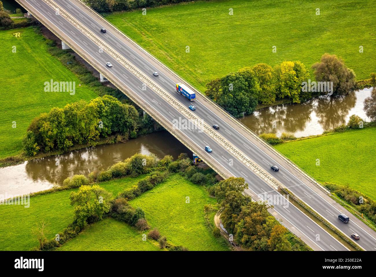 Aerial view, Lippe bridge of the highway A3 over the river Lippe ...