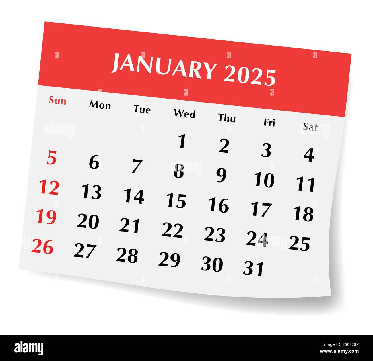 2025 January English calendar. A vector illustration of monthly paper ...