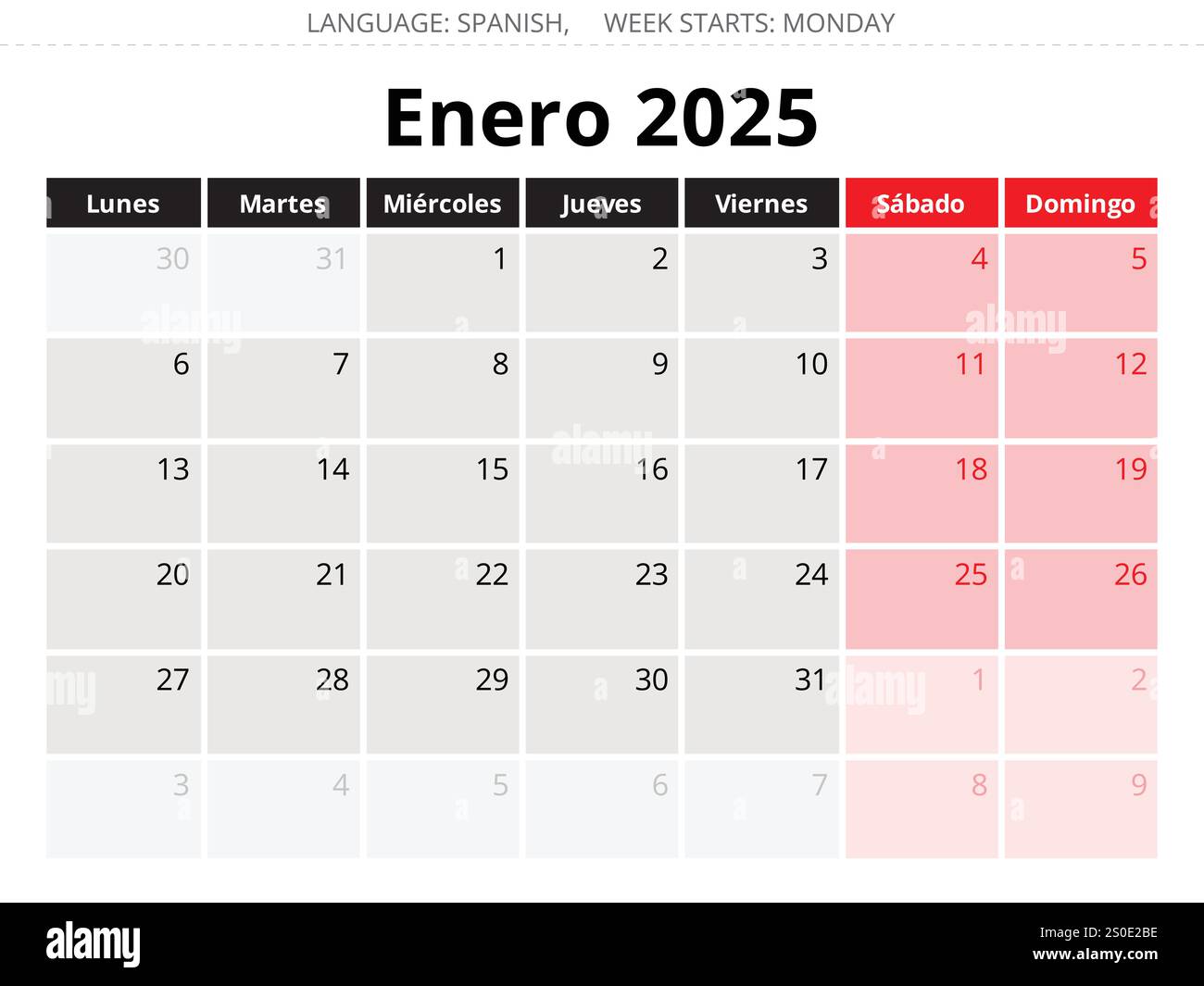 2025 Spanish January monthly calendar - Enero. Vector illustrations for ...
