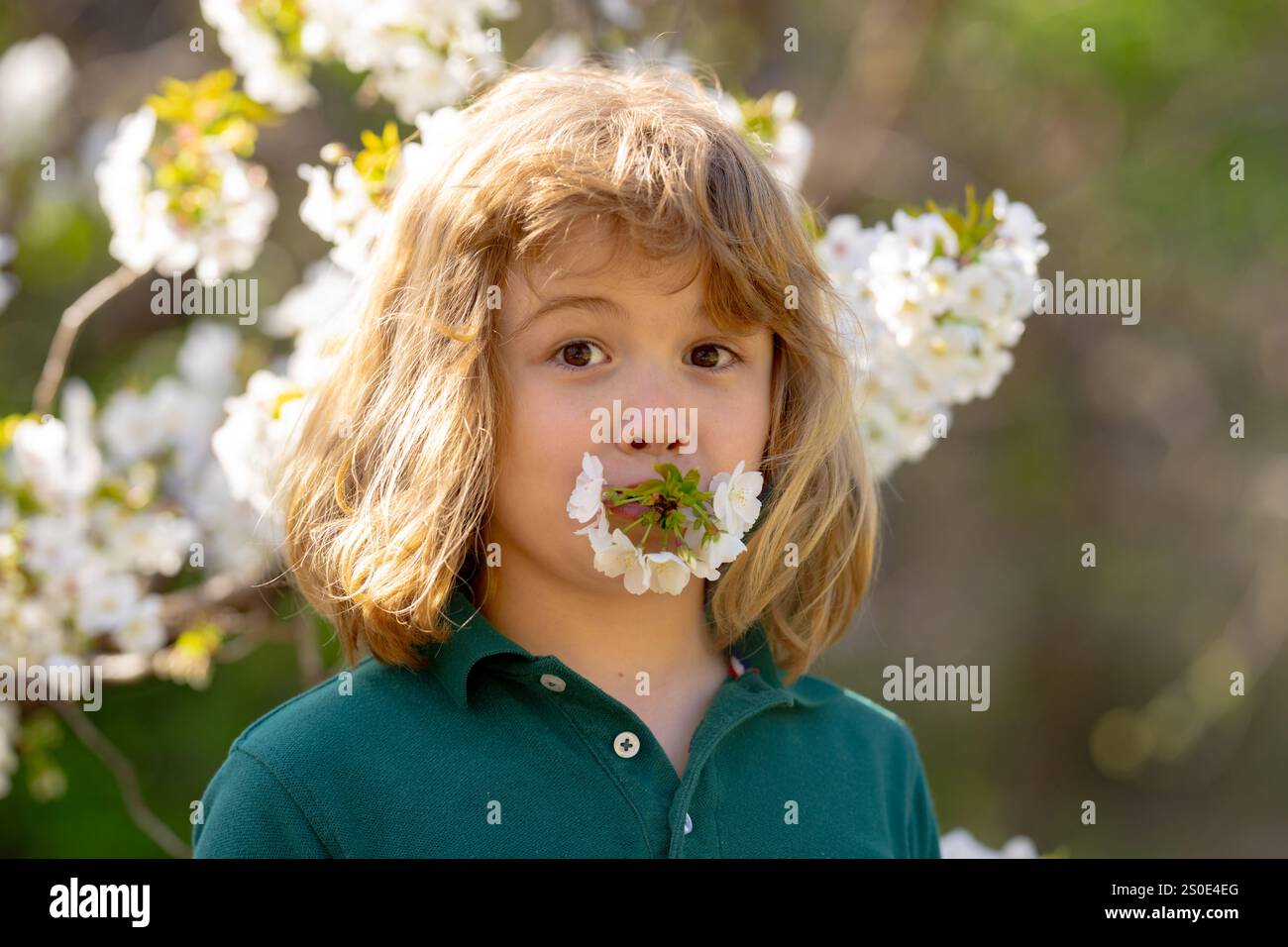 Cute blonde kid boy in spring garden. Little child under a blossom tree ...