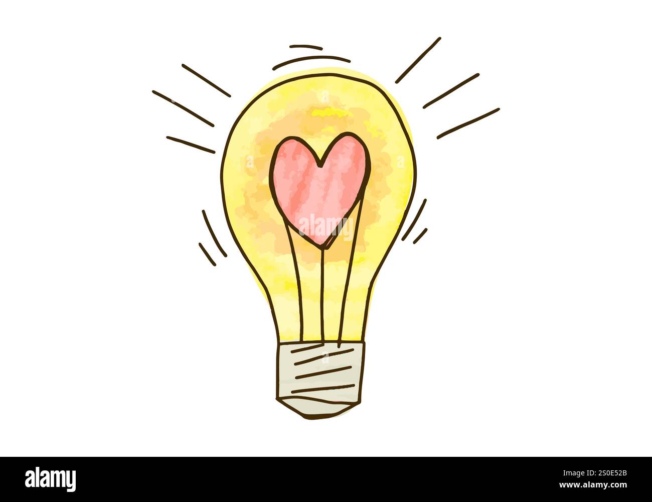 Hand drawn doodle light bulb with heart inside, vector illustration ...