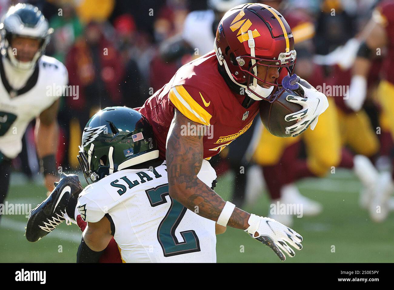 Philadelphia Eagles cornerback Darius Slay Jr. (2) lays a hit on ...