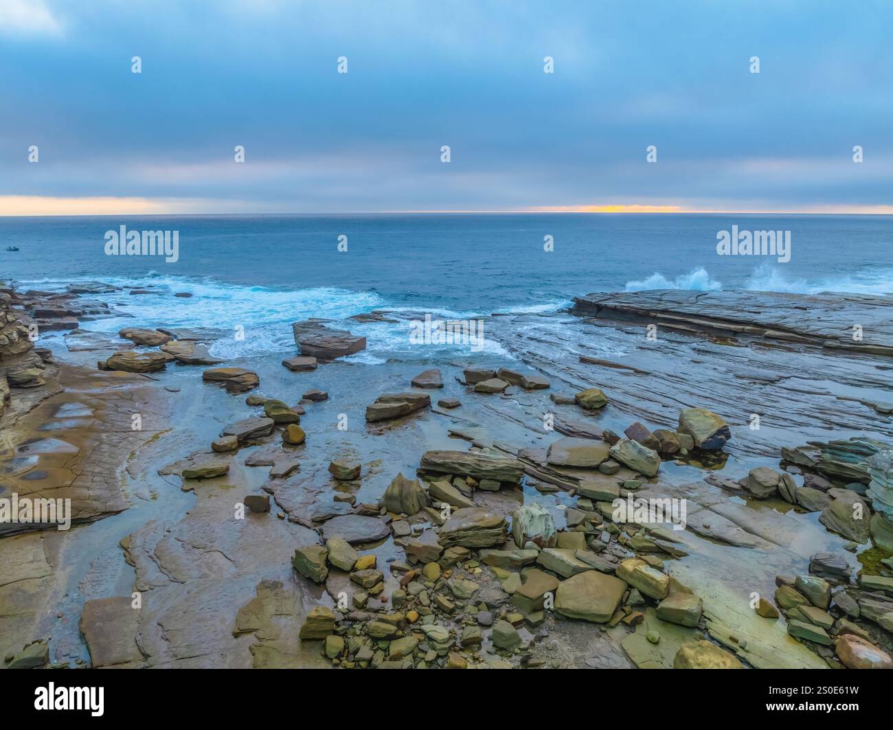 Aerial sunrise seascape with thick fog cloud at The Skillion in Terrigal, NSW, Australia Stock ...