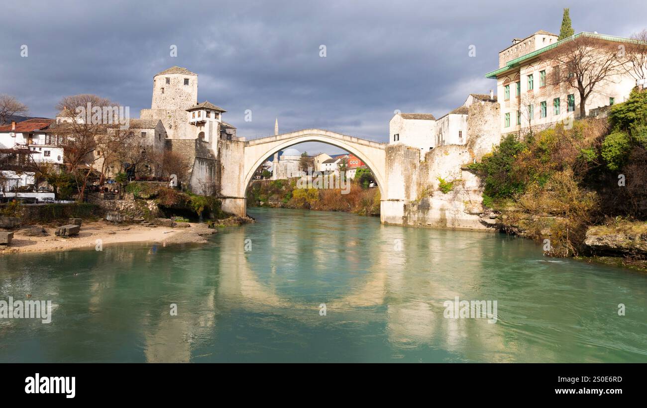 Aerial view of the Old Bridge of Mostar. Stari Most with city ...