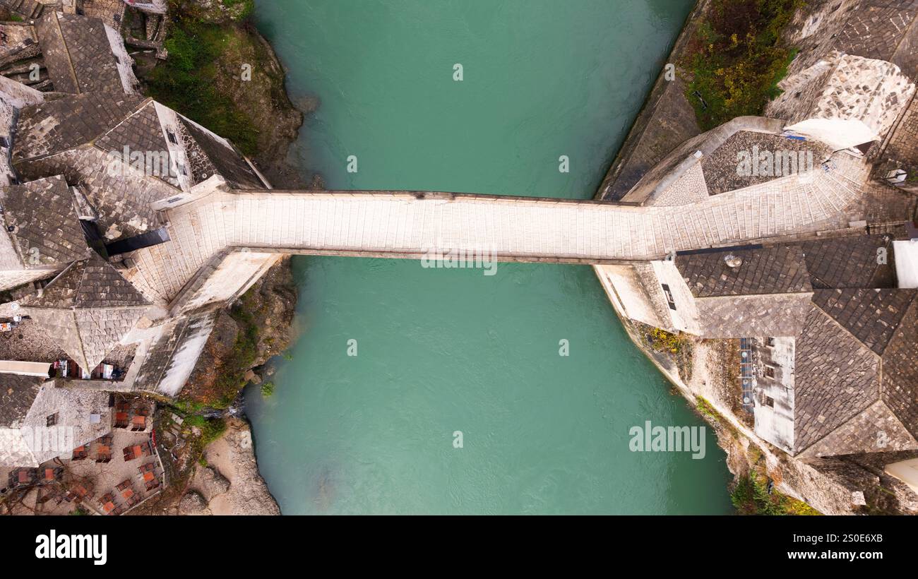 Aerial view of the Old Bridge of Mostar. Stari Most with city ...