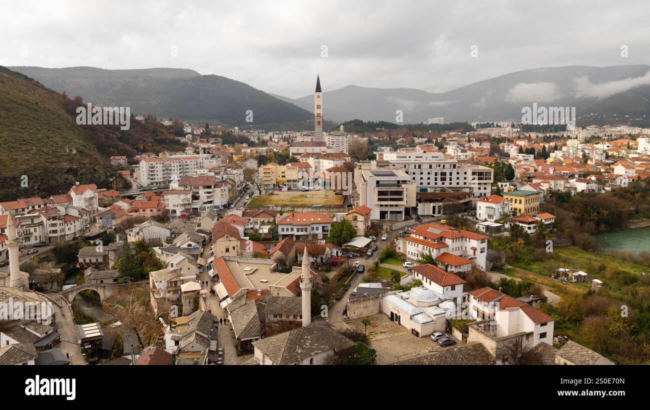 Aerial view of the Old Bridge of Mostar. Stari Most with city ...