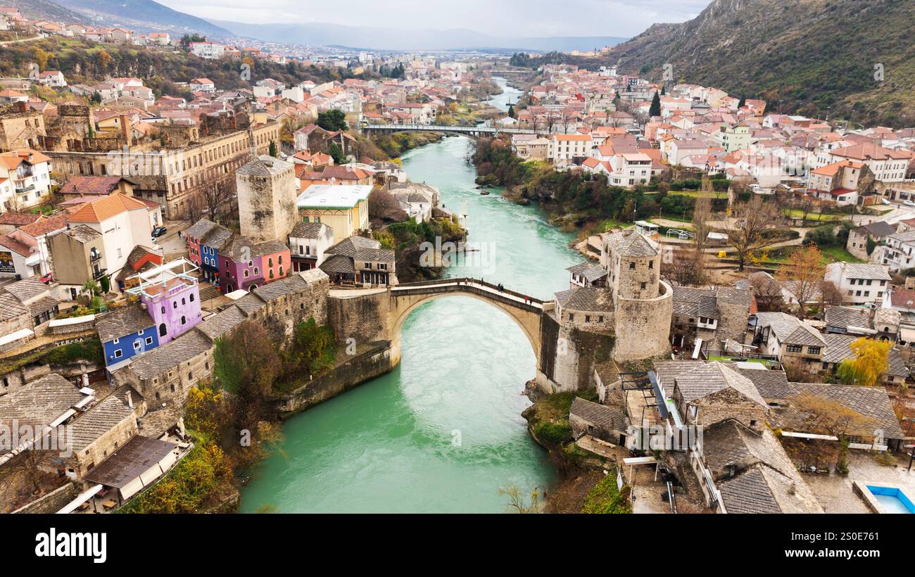 Aerial view of the Old Bridge of Mostar. Stari Most with city ...