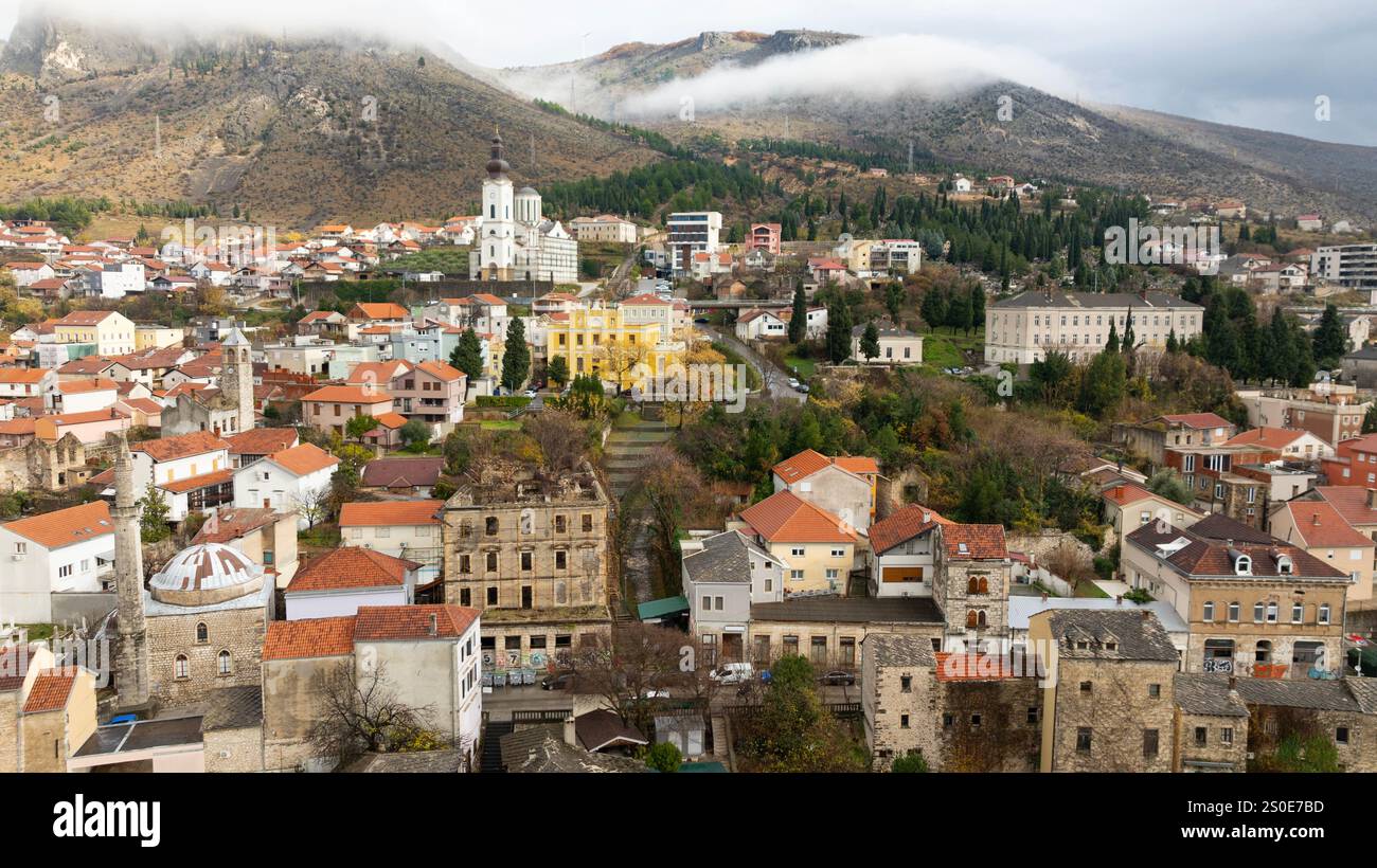 Aerial view of the Old Bridge of Mostar. Stari Most with city ...