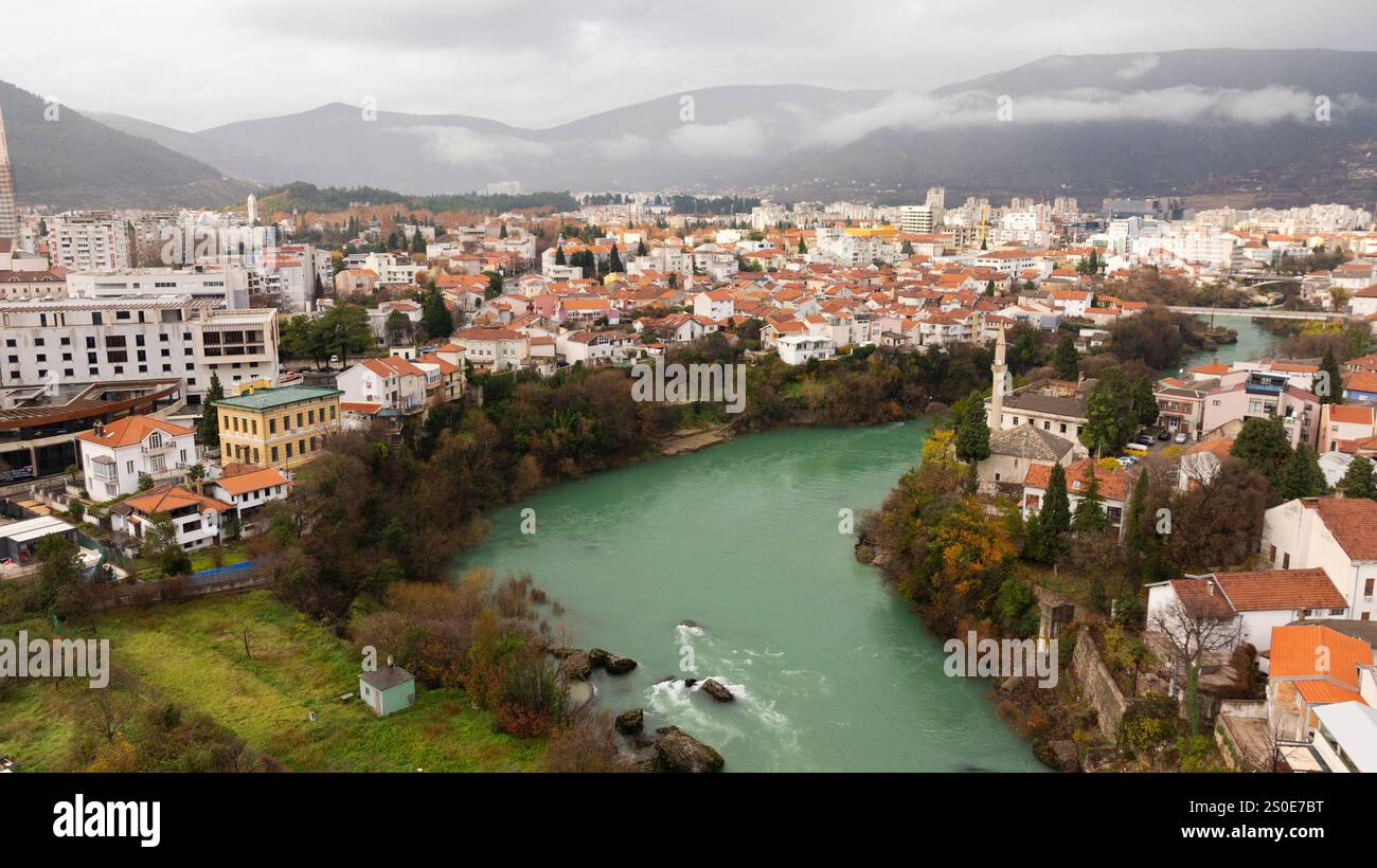 Aerial view of the Old Bridge of Mostar. Stari Most with city ...