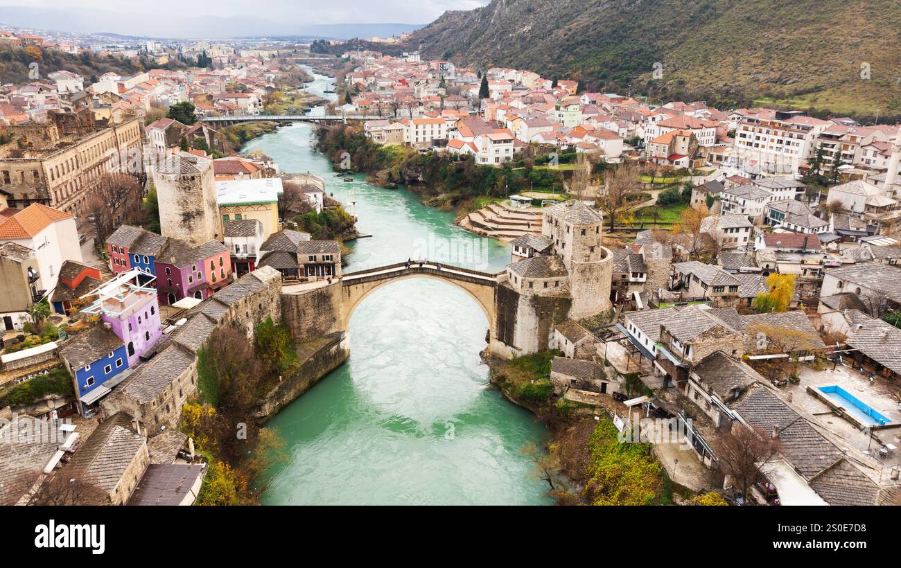 Aerial view of the Old Bridge of Mostar. Stari Most with city ...