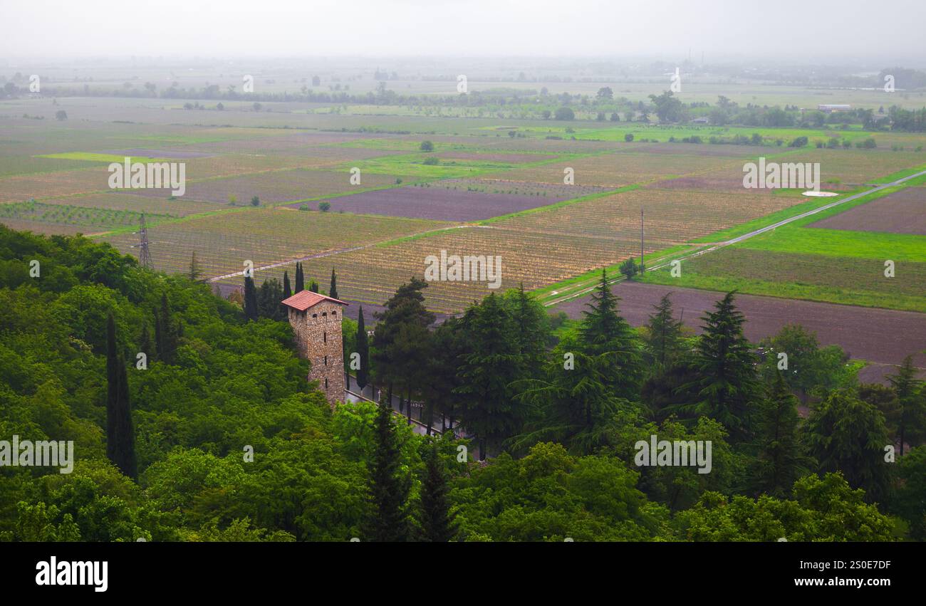 Alazani valley landscape photography with an old tower and grape fields ...